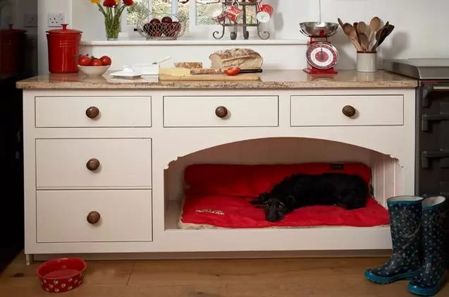 Dog-Friendly Home Renos: una isla de cocina alberga una cómoda cama para perros.